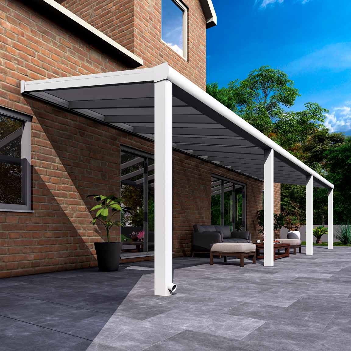 UG-Alu → Terrassenüberdachung Excellent Weiß RAL 9016 mit VSG Milchglas ...