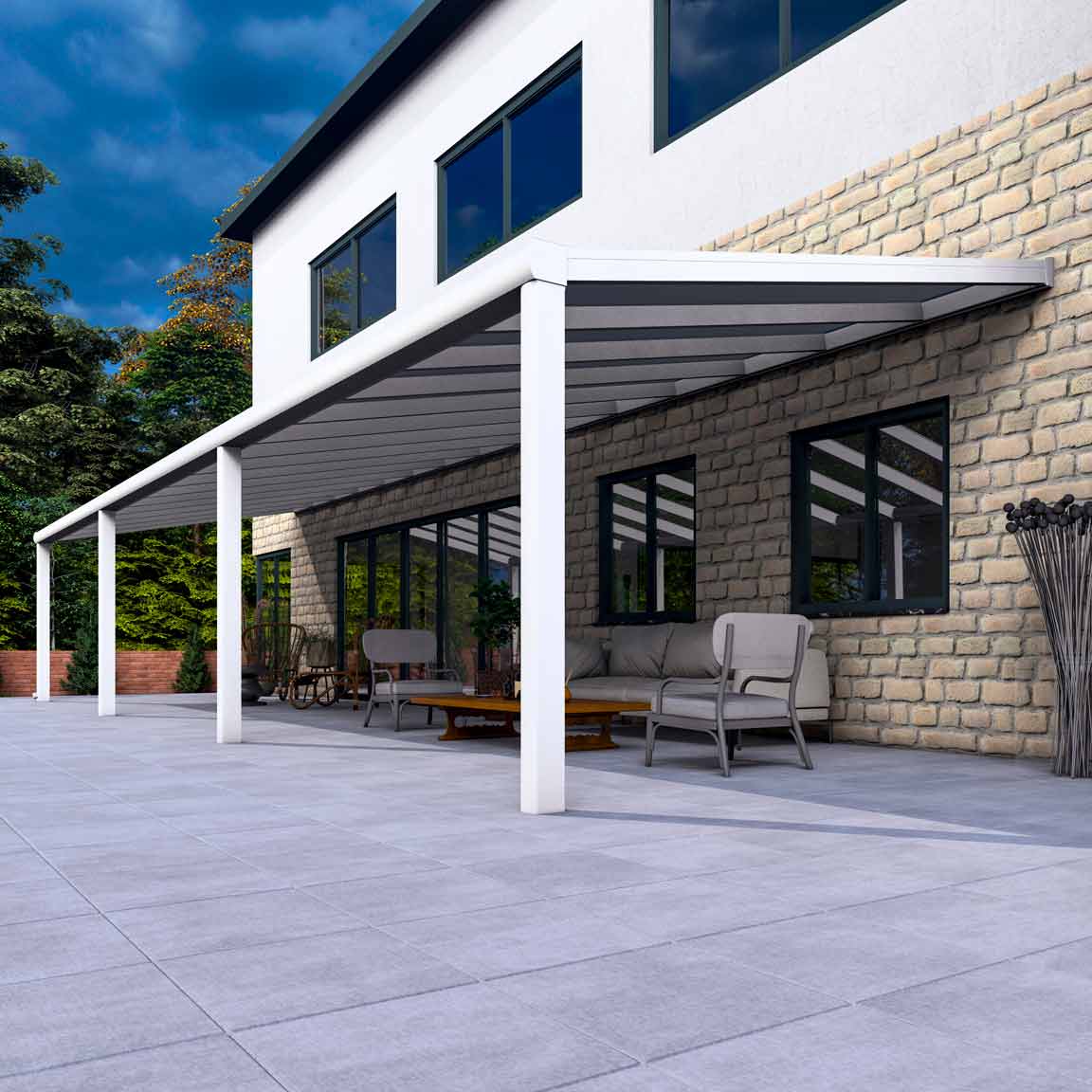 UG-Alu → Terrassenüberdachung Excellent Weiß RAL 9016 mit VSG Milchglas ...