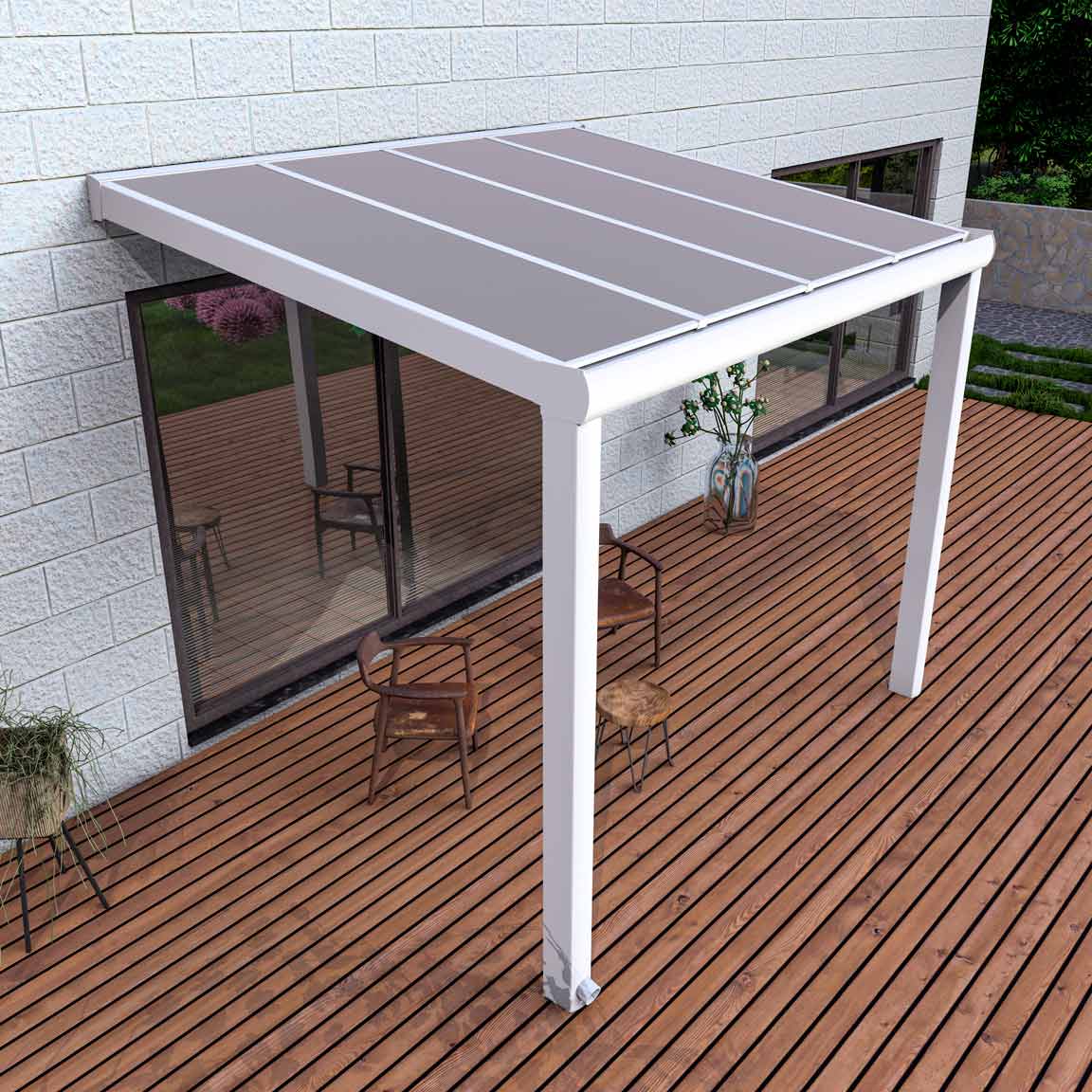UG-Alu → Terrassenüberdachung Excellent Weiß RAL 9016 mit VSG Milchglas ...