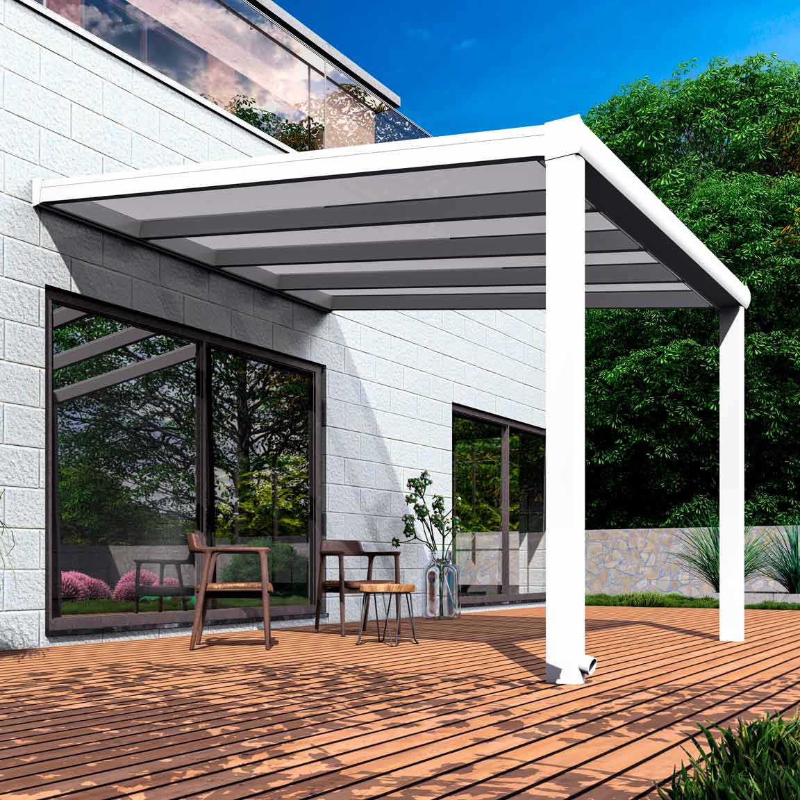 UG-Alu → Terrassenüberdachung Excellent Weiß RAL 9016 mit VSG Milchglas ...