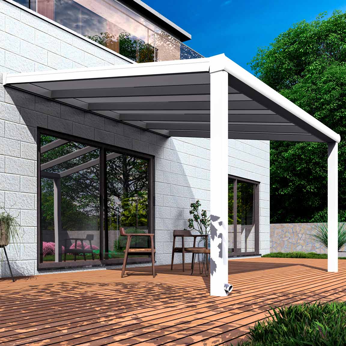 UG-Alu → Terrassenüberdachung Excellent Weiß RAL 9016 mit VSG Milchglas ...