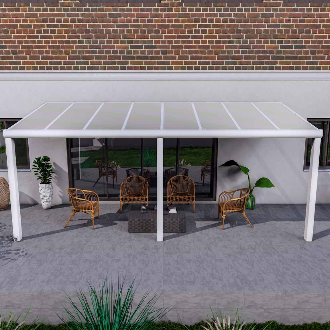 UG-Alu → Terrassenüberdachung Excellent Weiß RAL 9016 mit VSG Milchglas ...