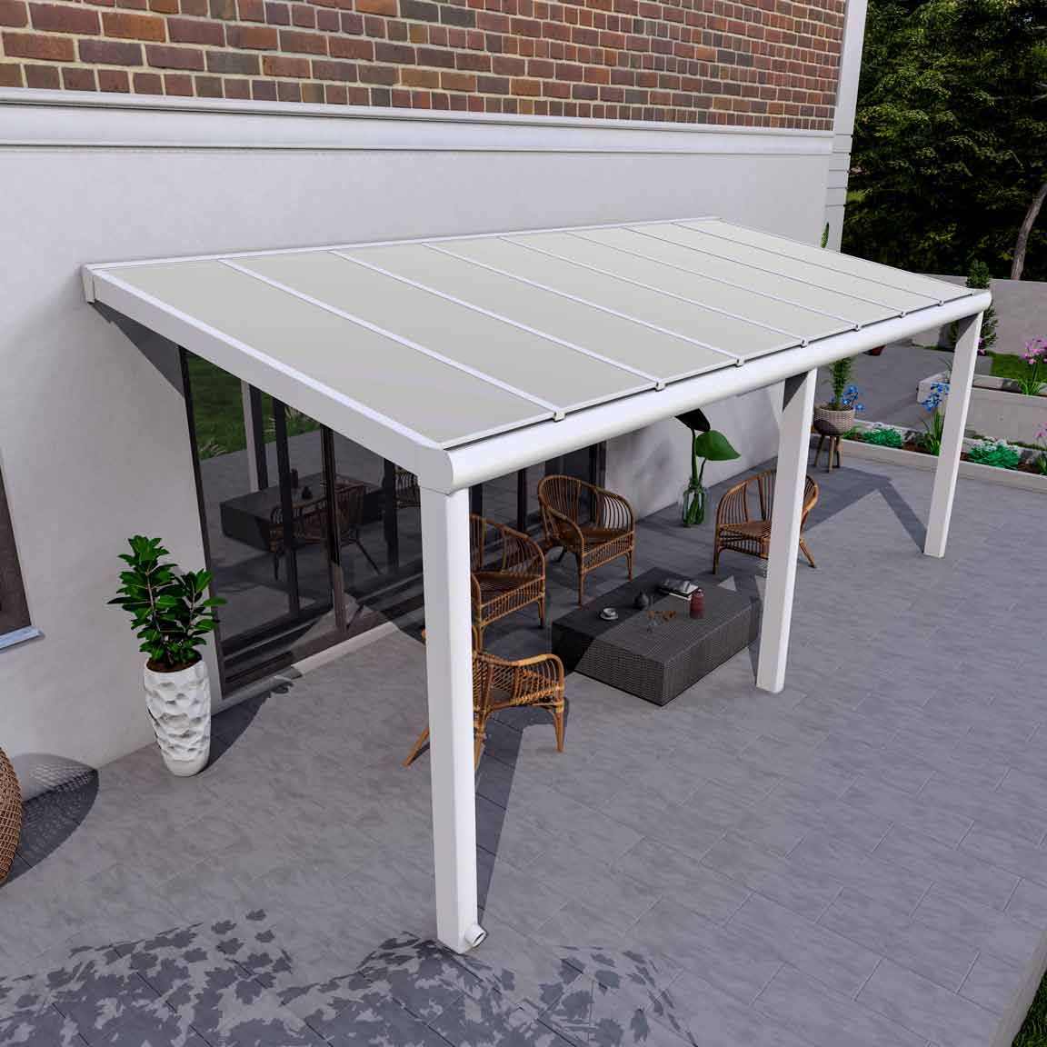 UG-Alu → Terrassenüberdachung Excellent Weiß RAL 9016 mit VSG Milchglas ...
