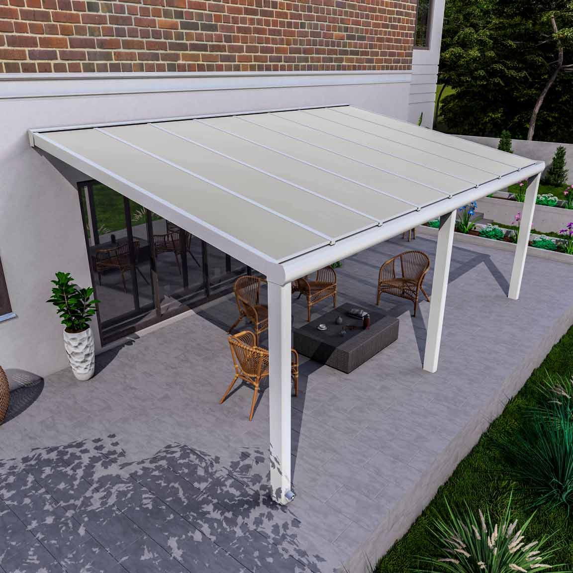 UG-Alu → Terrassenüberdachung Excellent Weiß RAL 9016 mit VSG Milchglas ...