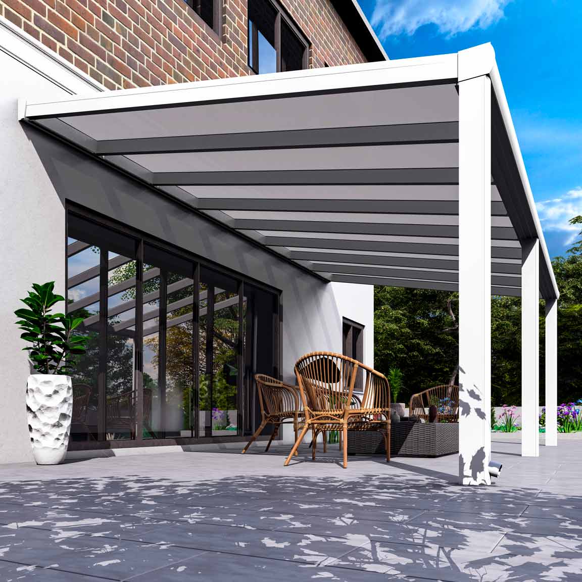 UG-Alu → Terrassenüberdachung Excellent Weiß RAL 9016 mit VSG Milchglas ...