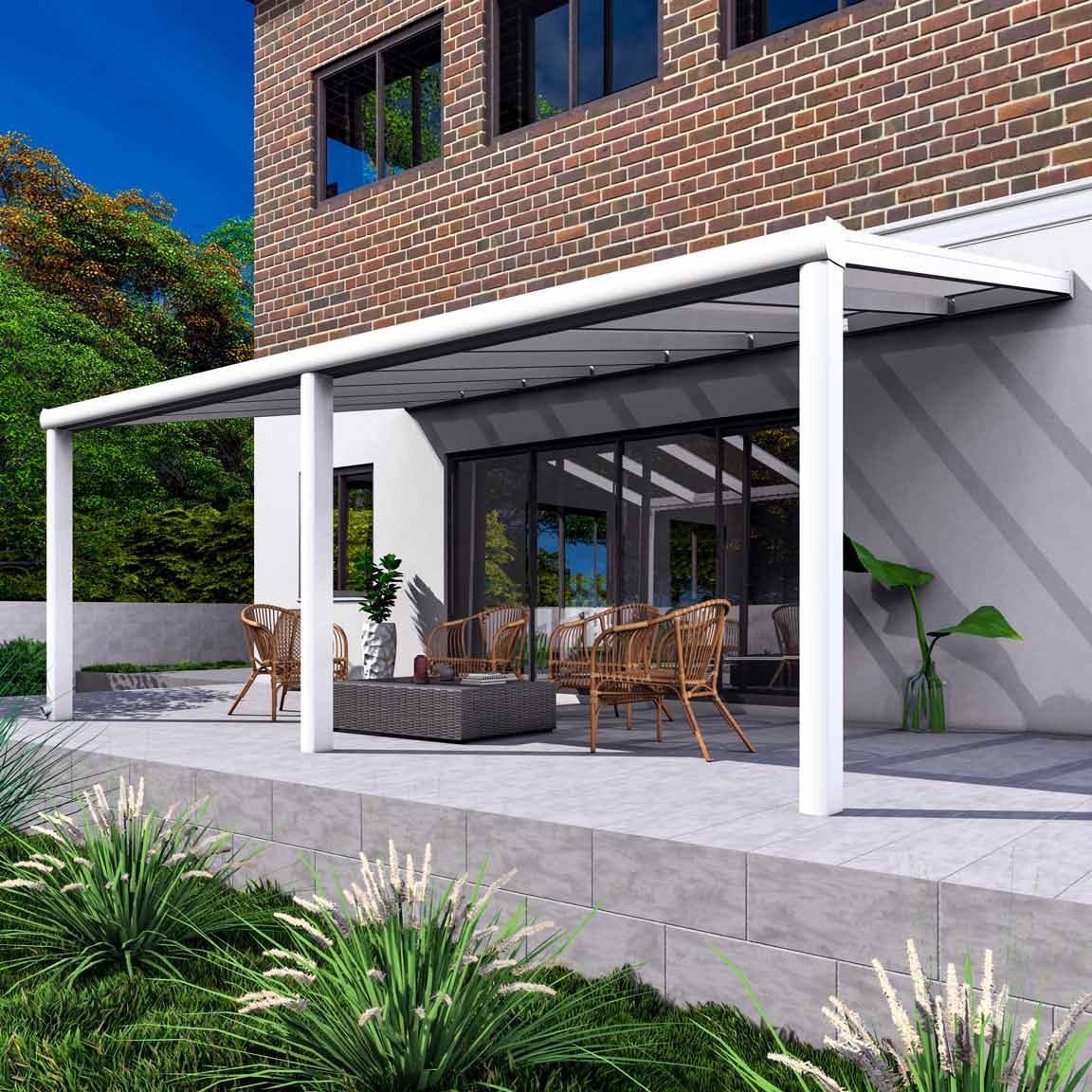 UG-Alu → Terrassenüberdachung Excellent Weiß RAL 9016 mit VSG Milchglas ...