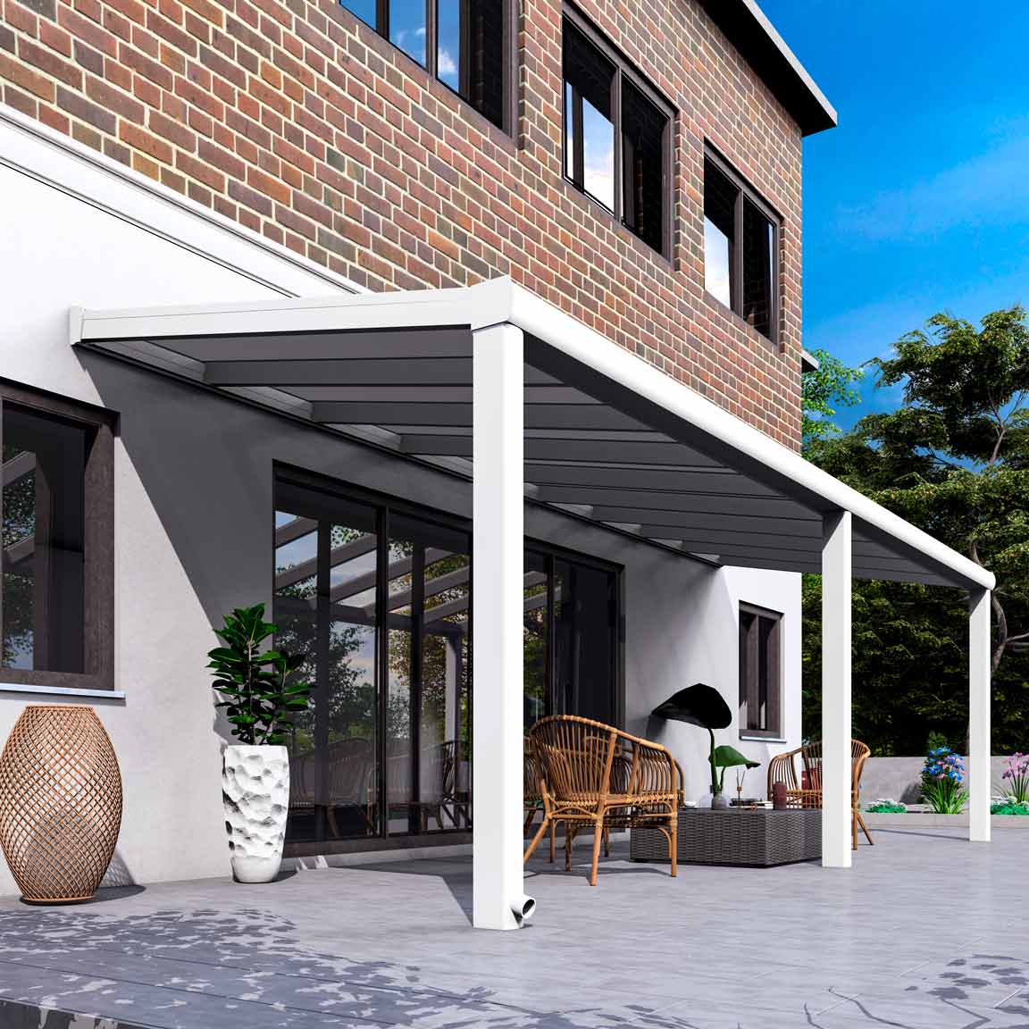 UG-Alu → Terrassenüberdachung Excellent Weiß RAL 9016 mit VSG Milchglas ...