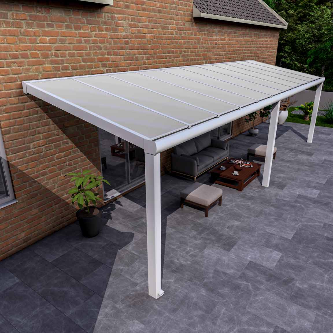 UG-Alu → Terrassenüberdachung Excellent Weiß RAL 9016 mit VSG Milchglas ...