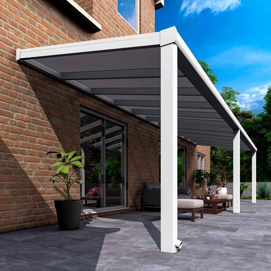UG-Alu → Terrassenüberdachung Excellent Weiß RAL 9016 mit VSG Milchglas ...