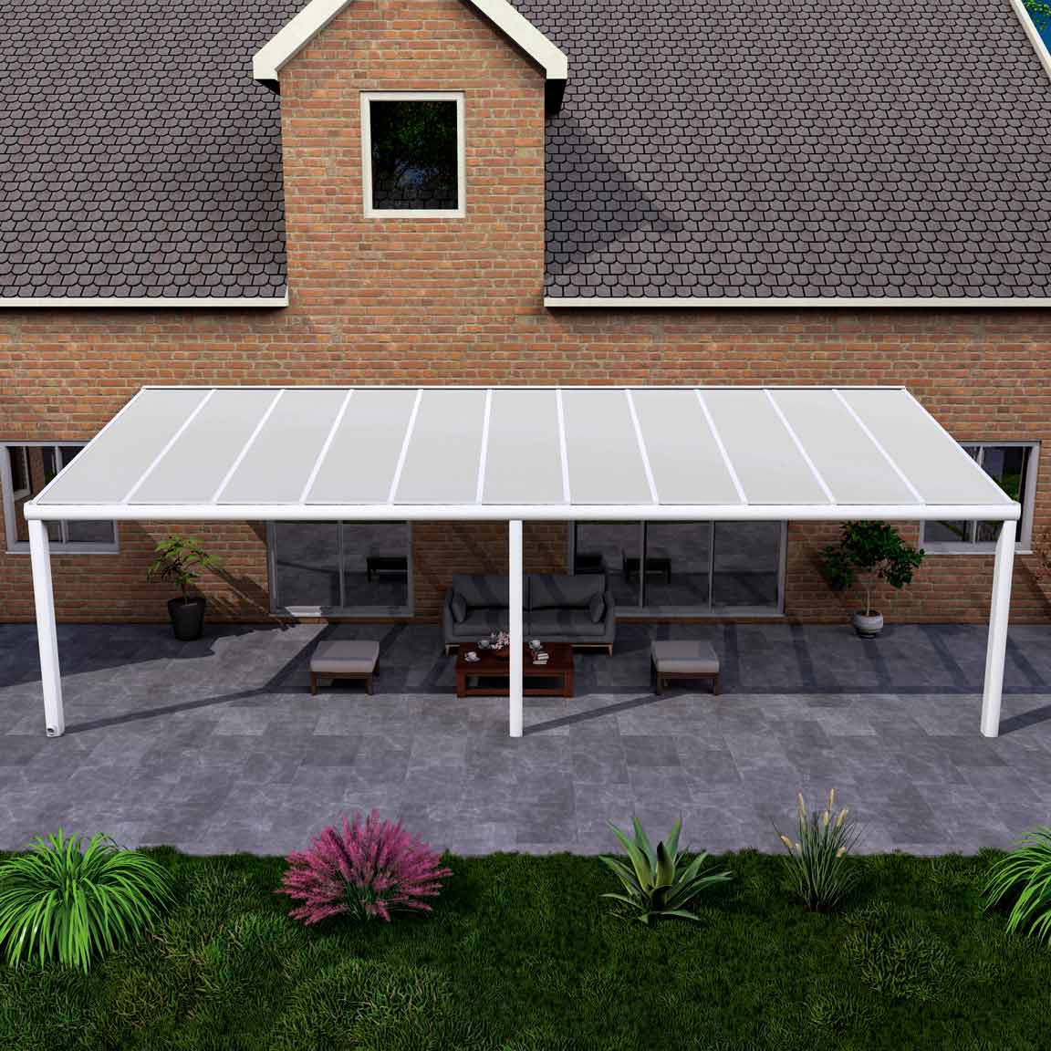 UG-Alu → Terrassenüberdachung Excellent Weiß RAL 9016 mit VSG Milchglas ...