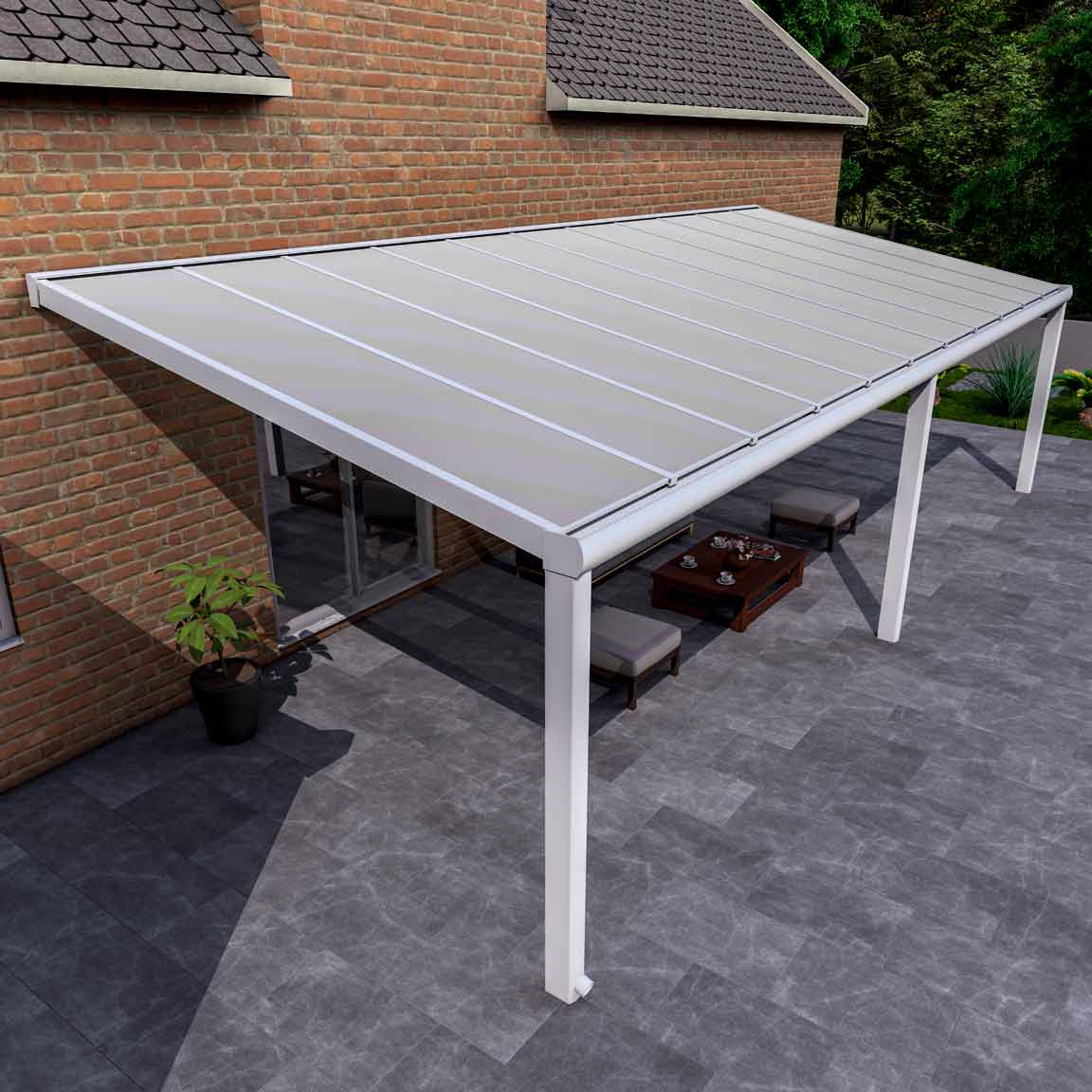 UG-Alu → Terrassenüberdachung Excellent Weiß RAL 9016 mit VSG Milchglas ...